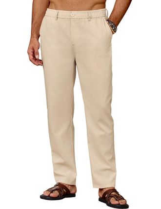 Coofandy Herren Sommerhose Leicht Leinenhose Freizeithose Leinen Hose Strandhose Schlupfhose Einfarbig Herrenhosen mit Taschen Sommer D&uuml;nne Hosen Helles Khaki 