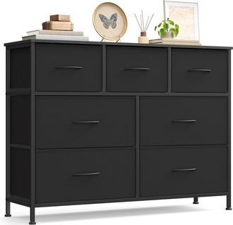 Songmics Kommode, Schrank, 7 Stoffschubladen, Aufbewahrungsschrank, Stahl, MDF, Vliesstoff, für Schlafzimmer, Flur, Wohnzimmer, tintenschwarz-ebenholzschwarz L