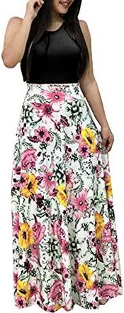 Generic Robe d&eacute;t&eacute; boh&egrave;me sans manches &agrave; imprim&eacute; floral pour femmes, robe trap&egrave;ze d&eacute;contract&eacute;e longue, blanc, S