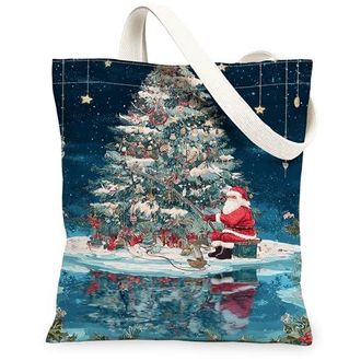 Generic Sacs fourre-tout en toile vintage de No&euml;l, motif arbre de vacances, sacs de courses r&eacute;utilisables, festifs, l&eacute;gers et lavables, toile pour voyage, pla
