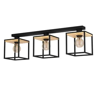 Eglo Luminaire plafonnier Libertad à 3 lampes, lampe de salon en métal noir et bois naturel, éclairage plafond, douille E27