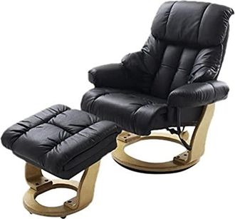 Robas Lund Relaxsessel Calgary mit Hocker, bis 130 kg belastbar, drehbarer Fernsehsessel mit Liegefunktion, Echtleder schwarz, Gestell Holz natur