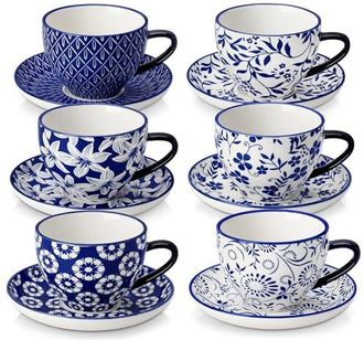 VANCASSO SELENE Tasses &agrave; Caf&eacute; Espresso et Mugs et Soucoupes - 6 x 240 ml - Mug en Porcelaine &agrave; anses pour Th&eacute;, Caf&eacute;, Cappuccino - R&eacute;sistants au Lave-vaisselle 