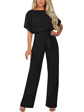 Minetom Combinaisons Femme Sexy Manche Courte Longue Pantalon Large Chic Jumpsuit Playsuit Romper avec Ceinture Noir FR 40