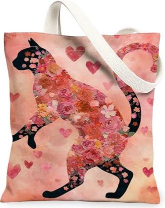 Generic Sacs fourre-tout en toile motif floral chat, sac &agrave; provisions r&eacute;utilisable, sac &agrave; provisions r&eacute;utilisable, l&eacute;ger et lavable avec bandouli&egrave;re, p&ecirc;che, 1