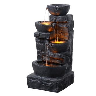 Teamson Home Garten Outdoor Brunnen 4-stufiger Kaskaden-Schalenbrunnen mit warmen LED-Lichtern, Einstellbarer Fluss, dunkelgraues Steinoptik-Finish