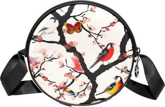 Generic Sac &agrave; bandouli&egrave;re rond pour femme, petit sac &agrave; bandouli&egrave;re motif oiseaux avec fermeture &eacute;clair, bretelles r&eacute;glables, sac &agrave; main rond d&eacute;contract&eacute; pour 