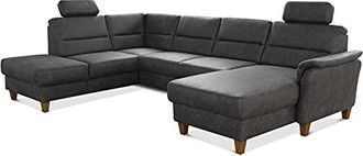 Cavadore U-Form-Sofa Palera / Federkern-Wohnlandschaft mit Schlaffunktion, Stauraum und 2 Kopfstützen / 314 x 89 x 212 / Mikrofaser in Lederoptik, Dunkelgrau