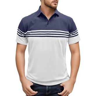 Generic Polo Homme Printemps et &Eacute;t&eacute; Mode D&eacute;contract&eacute;e Manches Courtes Chemise Ray&eacute;e Revers T-shirt Couleur Assortie Haut, bleu, 3XL