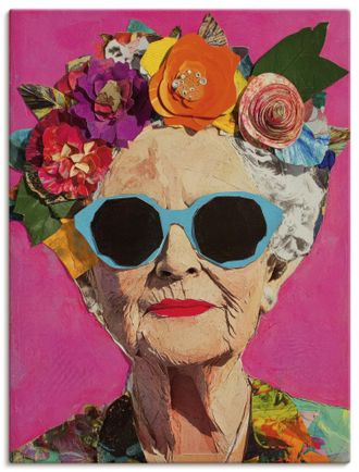 Artland Wanddeko Leinwand Bilder Wandbild Portr&auml;t alte Frau mit Sonnenbrille Blumen Farben Collage U5MQ
