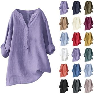 Generic Hauts en coton pour femme - Hauts longs en lin pour femme - Coupe d&eacute;contract&eacute;e - Chemisier basique &agrave; col en V - Couleur unie - Haut de vacances d&eacute;t&eacute; s