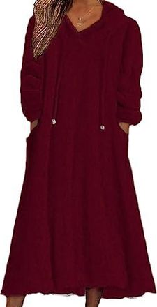 TOMWELL Robe Longue Femmes Automne Hiver L&acirc;che en Peluche &agrave; Capuche Casual Robe &agrave; Capuche Col Rond Manche Longue Couleur Unie Casual Pullover Robe A Rouge XXL