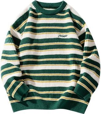 Generic Pull pour homme sans capuche col rond élégant rayé pull tricoté pull à manches longues patchwork décontracté col rond tops, Vert, 3XL