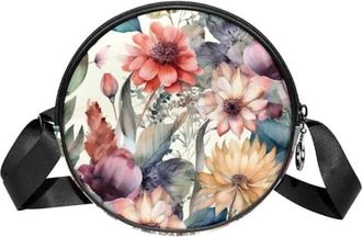 Generic Petit sac &agrave; bandouli&egrave;re circulaire pour femme, motif feuilles florales, sac &agrave; dos avec fermeture &eacute;clair, bretelles r&eacute;glables, sac &agrave; main rond d&eacute;contra