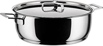 Alessi POTS & PANS Flache Kasserolle mit zwei Griffen aus Edelstahl, Silber
