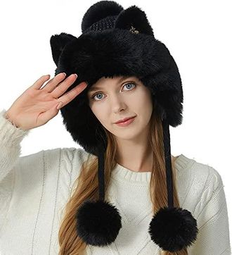 Generic Bonnet tricot&eacute; &eacute;pais pour femme avec oreilles de chat et trois pompons - Bonnet en laine de mode avec protection thermique pour les oreilles - Parfait