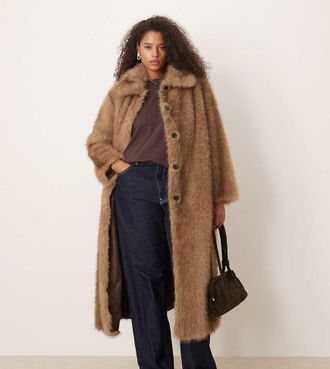Asos Curve ASOS DESIGN Curve - Manteau long en fausse fourrure avec passepoil - Marron-Brown