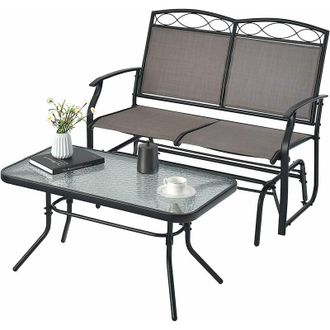 Costway Salon de Jardin 2 Pi&egrave;ces avec Table Basse Causeuse &agrave; Bascule Charge 360KG, Ensemble de Mobilier de Terrasse 2 Places avec Table Basse en Verre