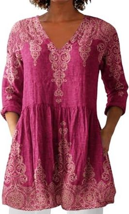 Generic Tunique &agrave; manches 3/4 pour femme, imprim&eacute; floral, col en V, coupe ample, d&eacute;contract&eacute;e, plage, vacances, A2 - Rose vif, XXL