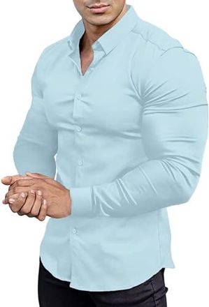 Generic Chemise &agrave; manches longues pour homme - &Eacute;l&eacute;gante chemise de loisirs - Coupe ajust&eacute;e - Col montant - Chemise traditionnelle - Stretch - Chemise &agrave; manche