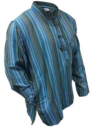 Shopoholic Fashion Multi Farben Mix dharke Streifen leicht bequem lang&auml;rmlig traditionell Gro&szlig;vater Shirt, Hippy Boho, S M L XL XXL XXXL - t&uuml;rkis Mix, XXXX-Large