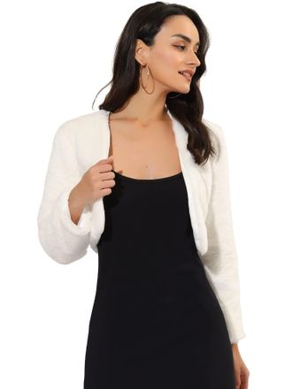 Allegra K Kurze Damenjacke aus Kunstfell, Bolero aus Pl&uuml;sch, vorne offen, ohne Kragen, lang&auml;rmlig, kurzer Mantel, Winter, wei&szlig;, 38