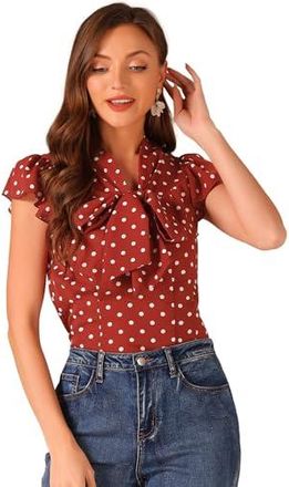 Allegra K Femmes Chemise Bureau Pois Chemisier Col Noué Manches Volants Rouge XL