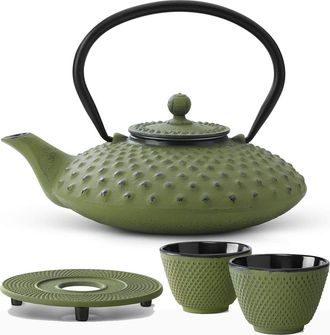 Bredemeijer Teekanne asiatisch Gusseisen Set grün 0.8 Liter mit Edelstahl Tee-Filter Sieb-Einsatz für losen Tee mit Stövchen und Teebecher (2 Tassen)