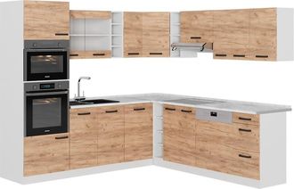 Vicco Eckküche R-Line, Küchenzeile in L-Form, Goldkraft Eiche/Weiß, 237 x 247 cm AP Marmor