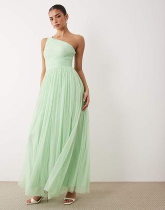 Lace & Beads Robe longue asym&eacute;trique de demoiselle dhonneur en tulle avec taille ajust&eacute;e - Sauge clair-Vert