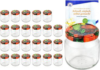 MamboCat 24er Set Rundgläser 212 ml nieder Deckelfarbe Obst Dekor to 66 inkl. Diamant Gelierzauber Rezeptheft, Marmeladengläser, Einmachgläser, Einweckgläser, 
