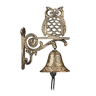Relaxdays Türglocke Gusseisen, Eule, antikes Design, mit Kordel, wetterfest, Wandglocke für Haustür, Gartendeko, Gold, 26,5 x 19 x 11 cm