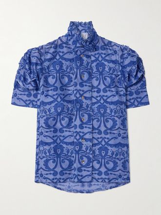 Thierry Colson Chemisier En Coton Et Soie Mélangés Imprimés À Volants Et À Fronces Vita - Bleu