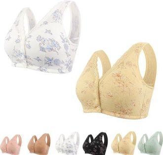 Generic Rivastyle Soutien-gorge à fermeture avant pour personnes âgées sans armatures Coupe florale Col en V Dentelle Coton Sans Fil Confortable Grande Taille