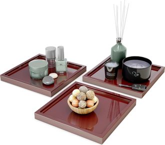 Vladon Dekoschale Maya, Made in Germany, moderne Dekorationsschale eckig, Bordeaux Hochglanz, 3er-Set (20 x 1,8 x 20 cm)