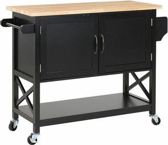 Beliani Servierwagen Schwarz Gummibaumholz mdf mit geräumigem Schrank und Seitengriffen auf Rollen Landhausstil Elegant Multifunktional Wonzimmer