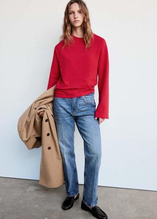 Mango T-Shirt aus 100 % Baumwolle mit weitem &Auml;rmel rot - Damen - S - MANGO