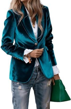 Generic Blazer en velours pour femme - Veste décontractée à manches longues avec boutons entièrement doublé, bleu clair, 3XL