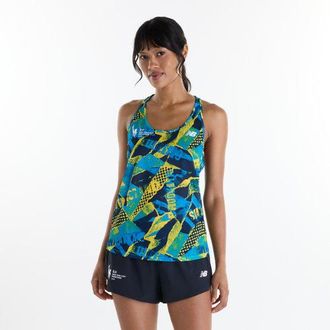 New Balance Damen NYC Marathon RC Essential Printed Tank in Blau/Gelb/Schwarz, Poly-Strick, Gr&ouml;&szlig;e M