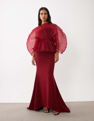Asos robe longue &agrave; buste pliss&eacute; en cr&ecirc;pe stretch contrast&eacute; bordeaux-Rouge