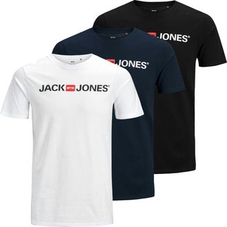Jack & Jones Herren Shirts T-Shirts Logo Tee Crew Neck 3er Pack, Farbe:Mehrfarbig, Artikel:12137126 - Black/White/Navy Blazer, Größe:2XL