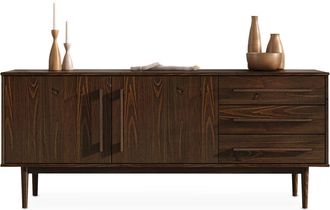 IDIMEX Sideboard TECCA mit 2 Türen und 3 Schubladen, Nussbaum Farben - Kommode aus Massivholz, Verstellbarer Einlegeboden, Wohnzimmermöbel im Mid-Century Sty