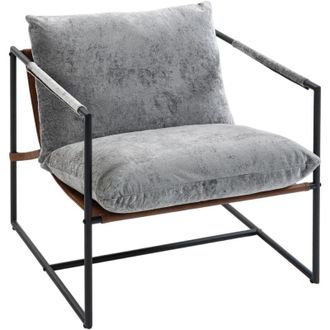 HOMCOM Fauteuil salon - HOMCOM - rembourr&eacute; - large assise - structure en acier - velours imprim&eacute; - 77x91x80cm - gris clair