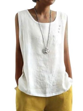 Onsoyours Femme T-Shirts &agrave; sans Manches en Coton Lin Chemise Chic Tops Chic Chemise Slim D&eacute;contract&eacute; Couleur Unie Pas Cher Mode Camisole Tops D Blanc XL
