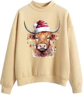 Generic Sweat-shirt &agrave; manches longues et col rond imprim&eacute; vache de No&euml;l pour femme, kaki, XXL