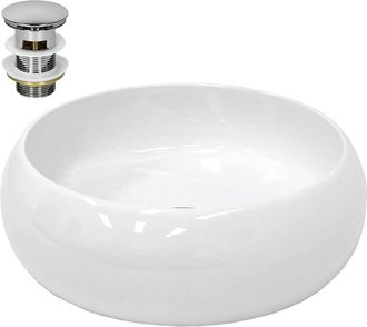 ECD Germany Waschbecken Waschtisch Ø 350 x 120 mm Keramik Weiß inkl. Ablaufgarnitur für Waschbecken ohne Überlauf Aufsatzbecken Aufsatzwaschbecken Aufsatzwaschtis