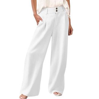 Generic Pantalon large en lin pour femme - Coupe droite - Solide - Longueur totale - Style d&eacute;contract&eacute; - Avec poches - V&ecirc;tement de travail - Pantalon court - 