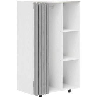 HOMCOM Armoire penderie sur roulettes - tringle, étagère, penderie, 3 compartiments - effet bois blanc rideau gris