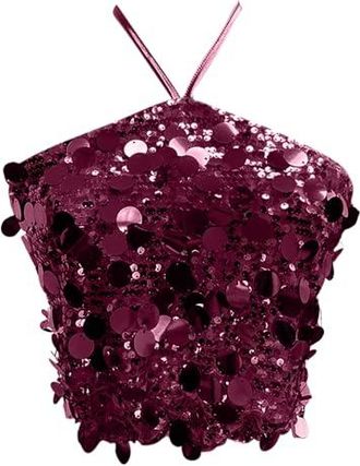Generic D&eacute;bardeur de f&ecirc;te brillant tendance &agrave; paillettes pour femme - Caraco sans manches Y2K - Haut court d&eacute;t&eacute; scintillant avec strass - D&eacute;bardeur basique co