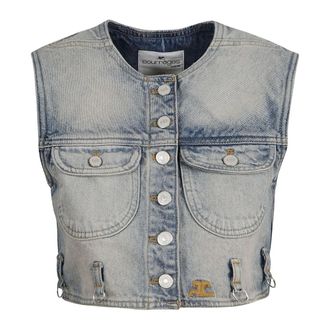 Courr&egrave;ges Femme, Vestes, Bleu, Taille: 42 FR Multiflex Denim Cropped Vest